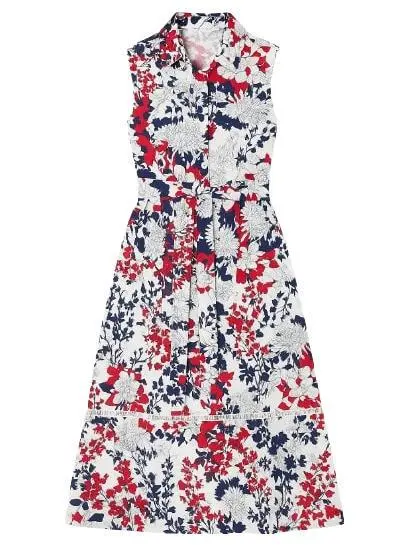 CONQUISTA Floral Print Cotton Poplin Shirt Dress With Belt - Blue