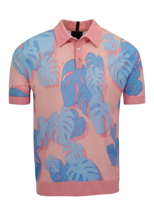 LORDS OF HARLECH Pilgrim Monstera Floral Coral Merino Silk Cashmere Polo - Orange