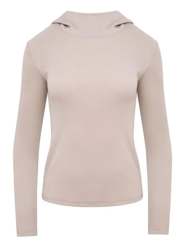 MANDRAGORA Ribbed Viscose Luna Hoodie Top - Beige