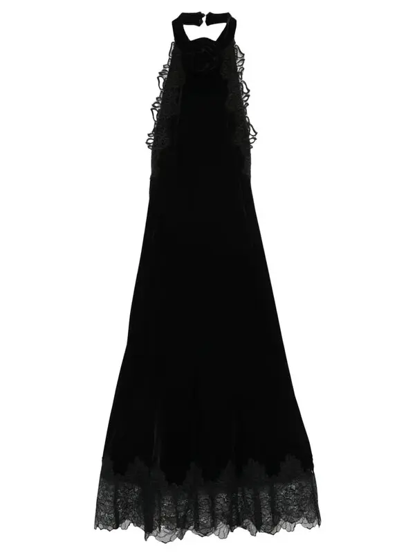 NISSA Lace-trim Velvet Midi Dress - Black