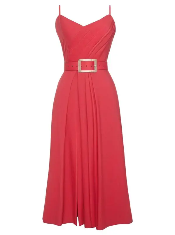 ALINA CERNATESCU Simba Linen Draped Midi Dress With Slit And Pockets - Red