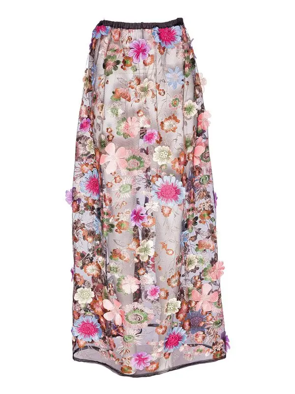 HARLOW LOVES DAISY Embroidered Mesh Floral Maxi Skirt - Black