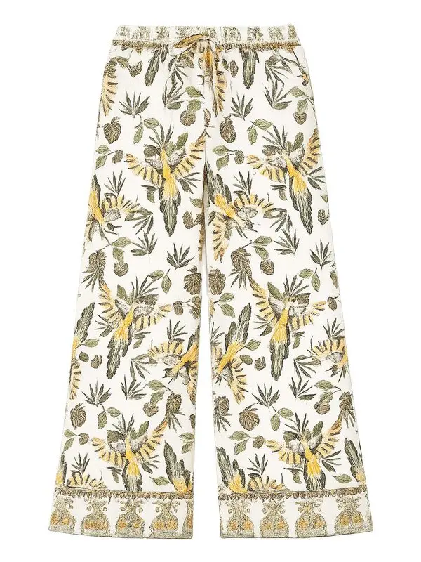 YUMI Bird Print Viscose Wide Leg Trousers - Green