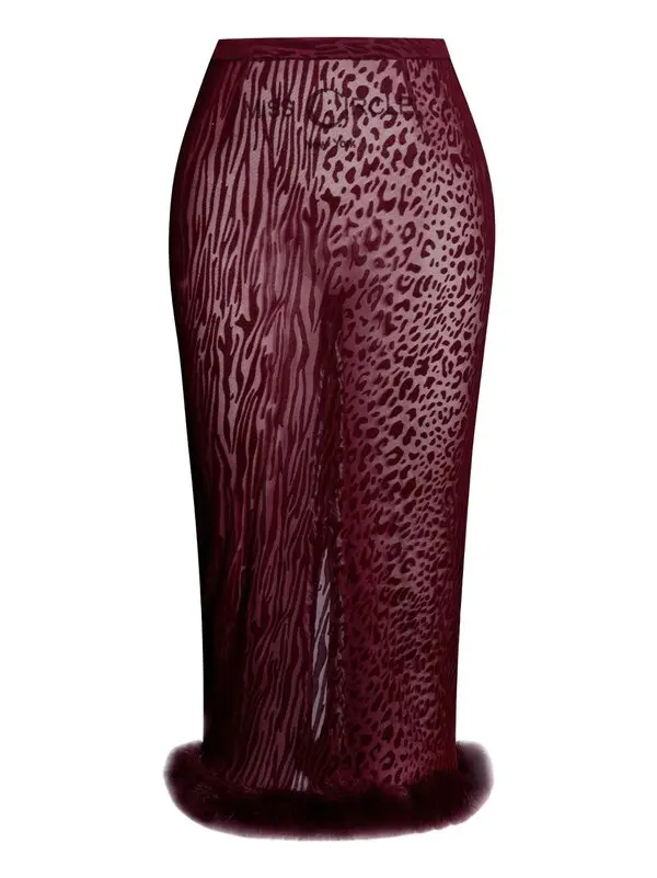 MISS CIRCLE NEW YORK Animal Print Burnout Velvet Skirt With Fur Trim - Red