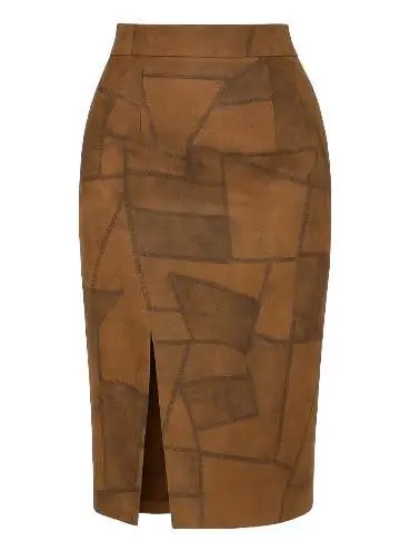 CONQUISTA Pencil Skirt With Patchwork Design - Brown