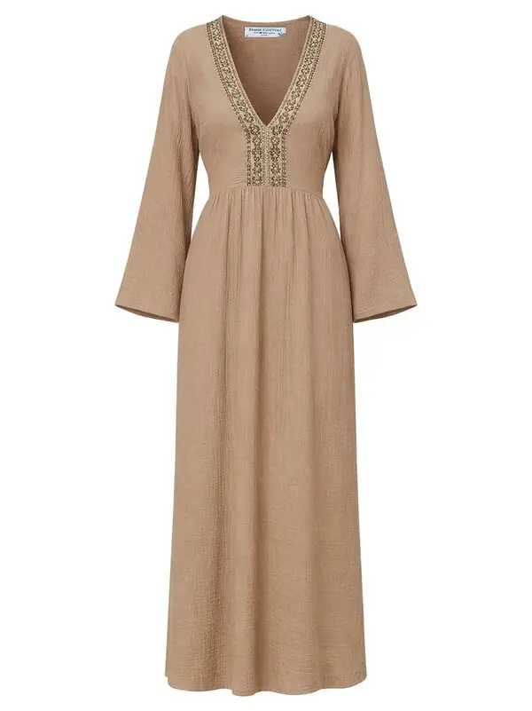 Haris Cotton Textured Cotton Maxi Dress With Lace Trim - Beige