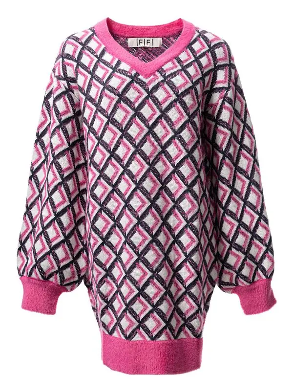 FULLY FASHIONING Diamond Jacquard Knit Tunic Dress - Pink