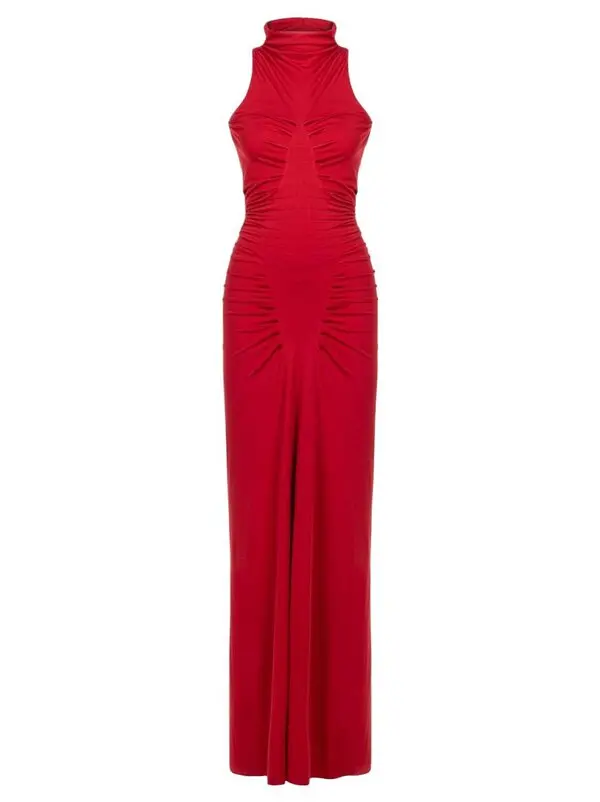 NOCTURNE Ruched High-neck Maxi Dress - Red