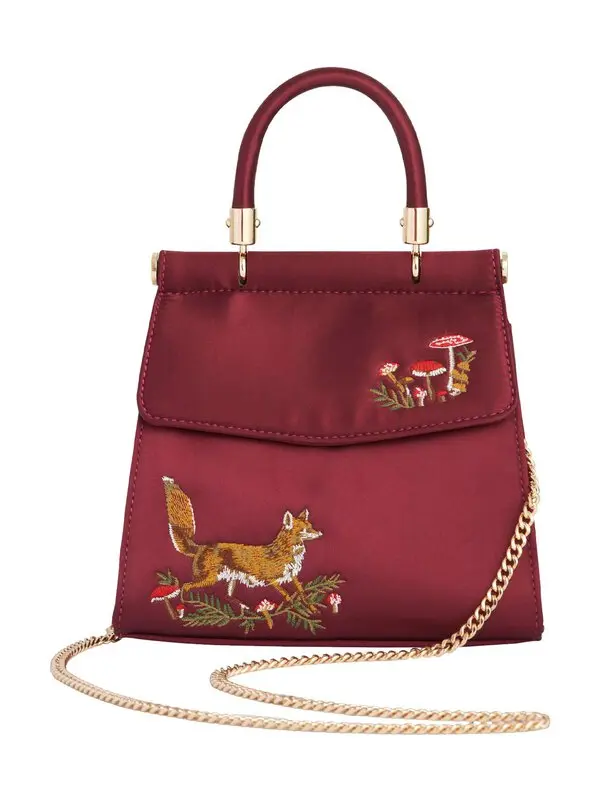 FABLE ENGLAND Fox & Mushroom Embroidered Satin Tote - Red