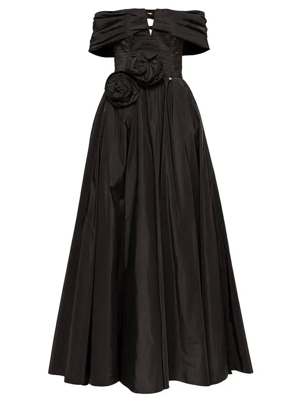 NISSA Floral-appliqué Taffeta Maxi Dress - Black