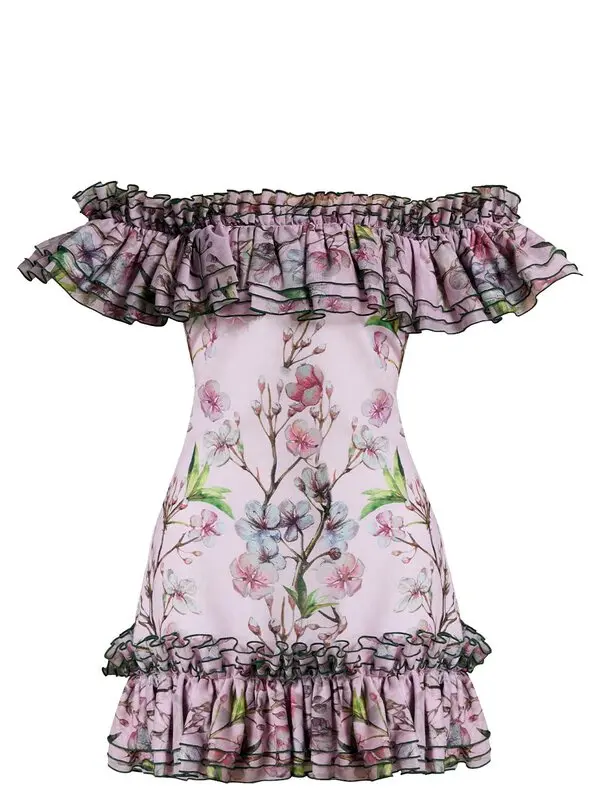 NUR KARAATA Floral Print Off-shoulder Ruffle Dress - Pink
