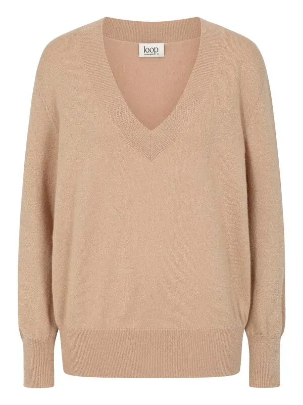 LOOP CASHMERE Lurex V-neck Cashmere Sweater - Gold/brown