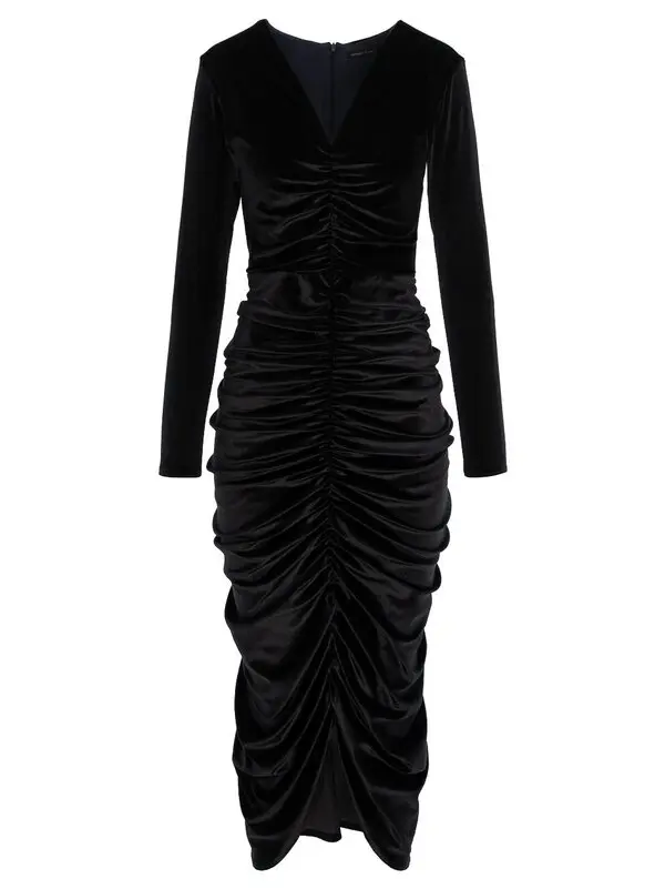 CONCEPT A TROIS Velvet Midi Dress With Pleats - Black