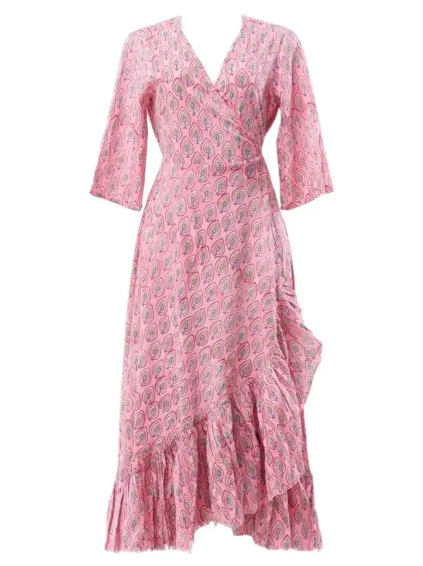 WILD ROSE Jua Strawberry Cotton Hand Block Print Wrap Dress - Pink