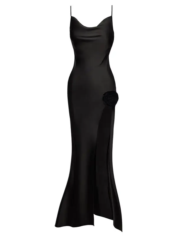 BENEDETTO Silk Gown With Flower Brooch - Black