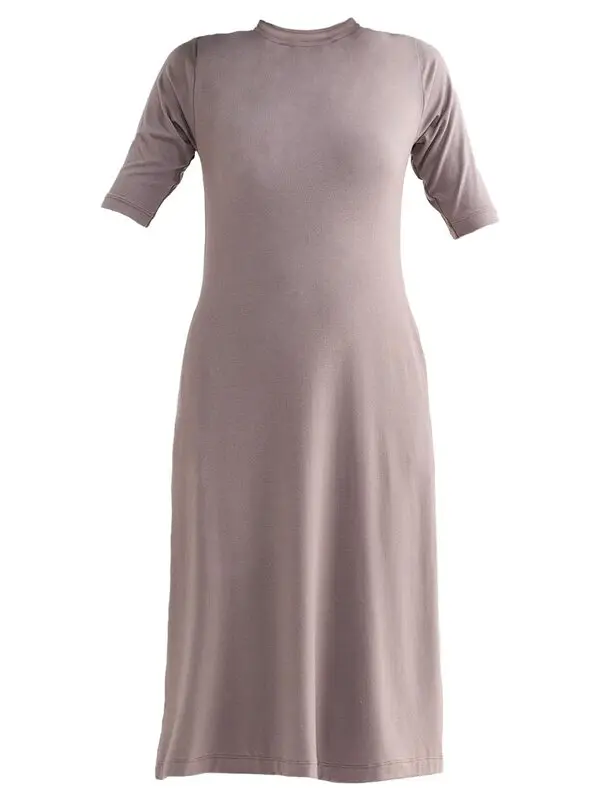 REISTOR High Crew Neck Elbow Sleeve Fitted Midi Dress - Brown