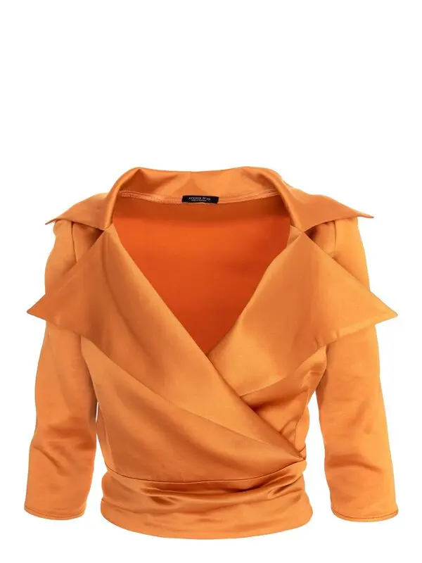 AVENUE N°29 Satin Lapel Wrap Blouse With Bow - Orange