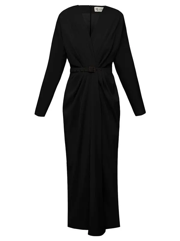 ALINA CERNATESCU Amaris Draped Midi Dress With Textile Belt - Black