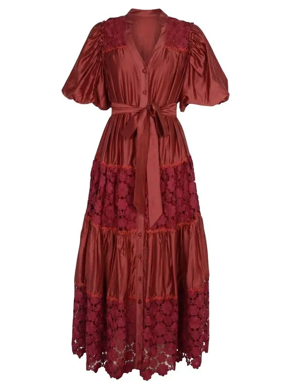 MODENAIRE Lace Panel Puff Sleeve Midi Dress - Red