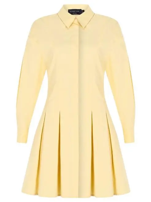 EXQUISE Pleated Mini Shirt Dress - Yellow