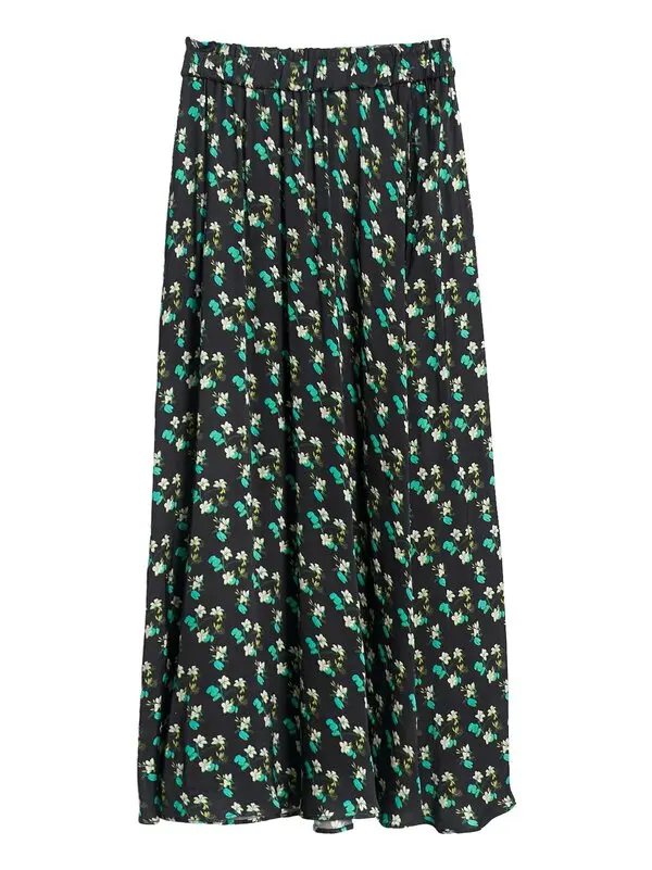 LOST PATTERN Beach Blossom Floral Satin Midi Skirt - Black