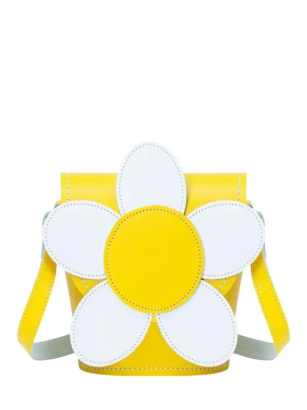 ZATCHELS Handmade Leather Barrel Bag With Daisy Appliqu - White/yellow