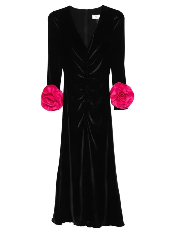 NISSA Floral-appliqué Velvet Midi Dress - Black