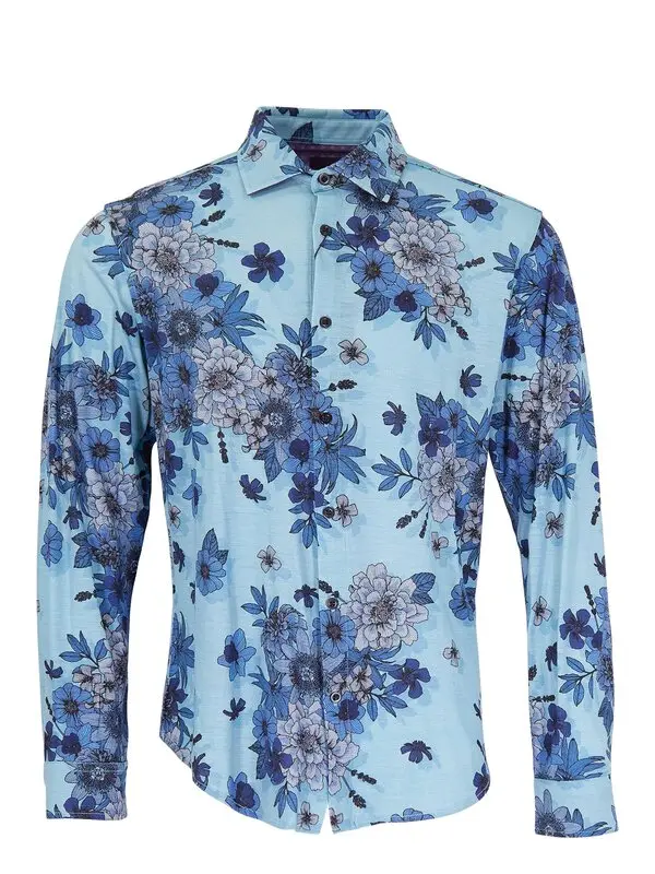 LORDS OF HARLECH Sherlock Valencia Floral Tailored Merino Shirt Teal - Blue