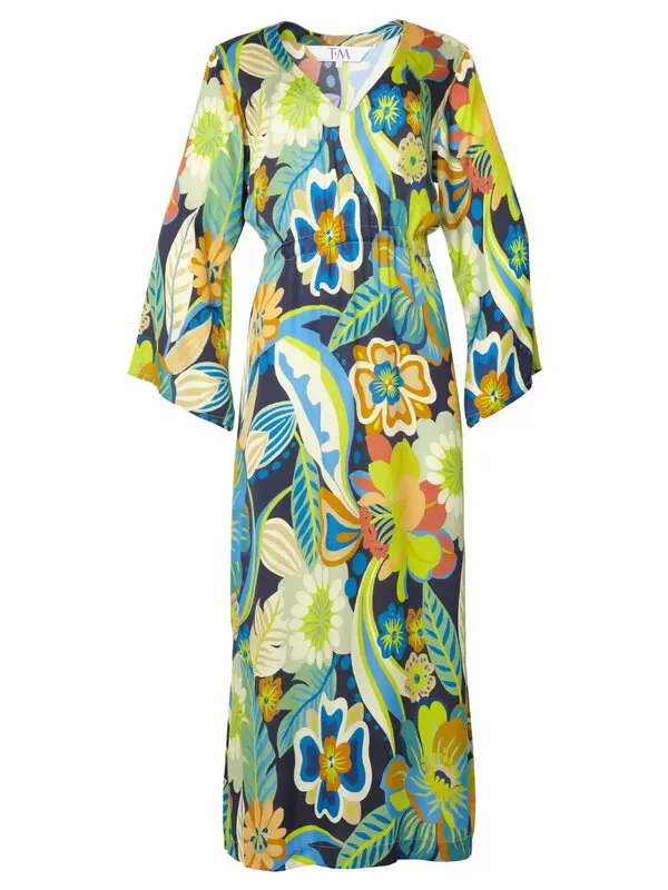TIGER AND THE MONKEY Selma Ecovero Silky Floral Fitted Kaftan Dress - Blue