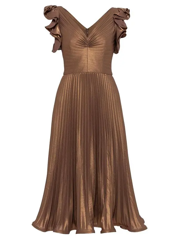 NISSA Pleated V-neck Midi Dress - Brown