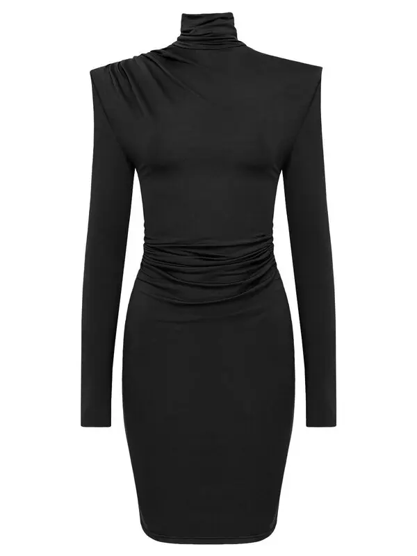 MANDRAGORA Fitted Turtleneck Pleated Dress - Black