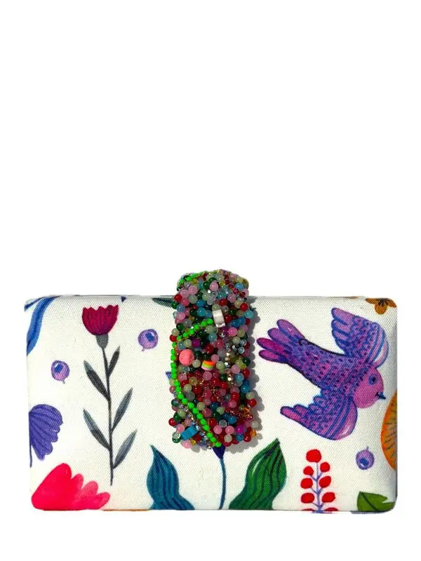 SIMITRI Garden Party Beaded Fringe Clutch - Gold/green/purple