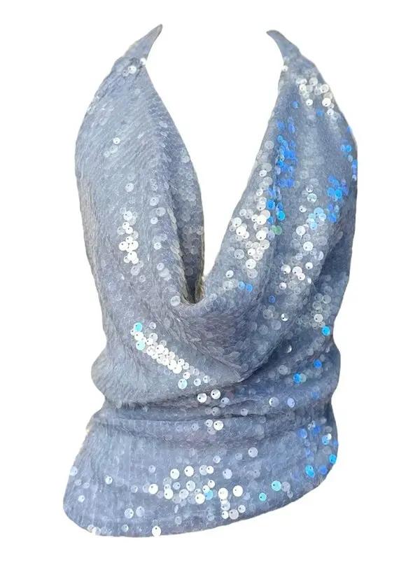 JANE GALA Sequin Cowl Neck Halter Top - Blue