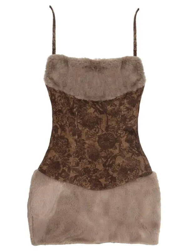 28NATELIER Floral Corduroy Mini Dress With Faux Fur Trim - Brown