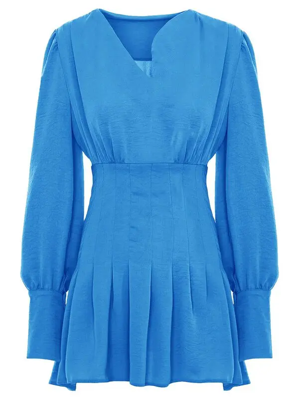BLUZAT Mini Dress With Pleats And Asymmetrical Neck - Blue