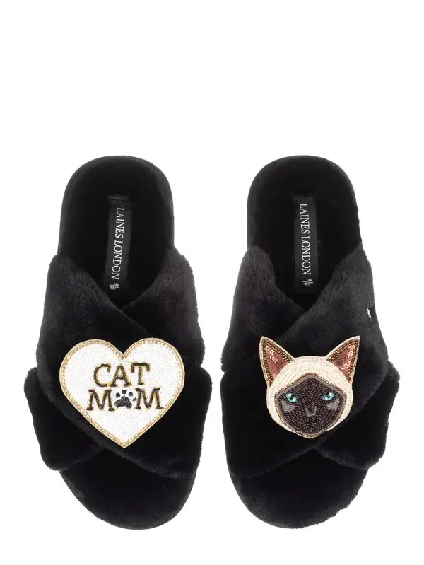 LAINES LONDON Classic Laines Slippers With Cat Brooches - Black
