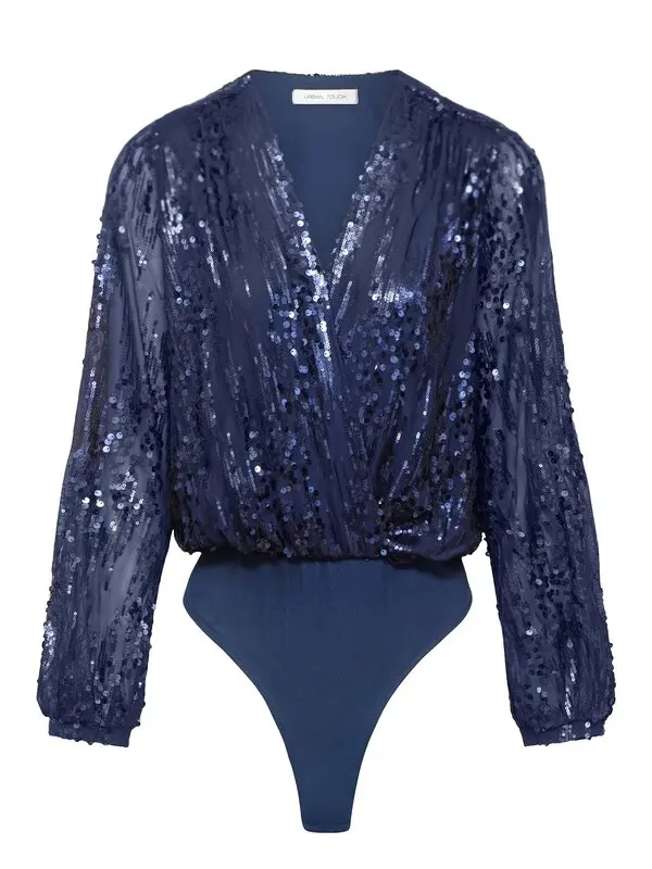 URBAN TOUCH Sequin Wrap Bodysuit With Long Sleeves - Blue