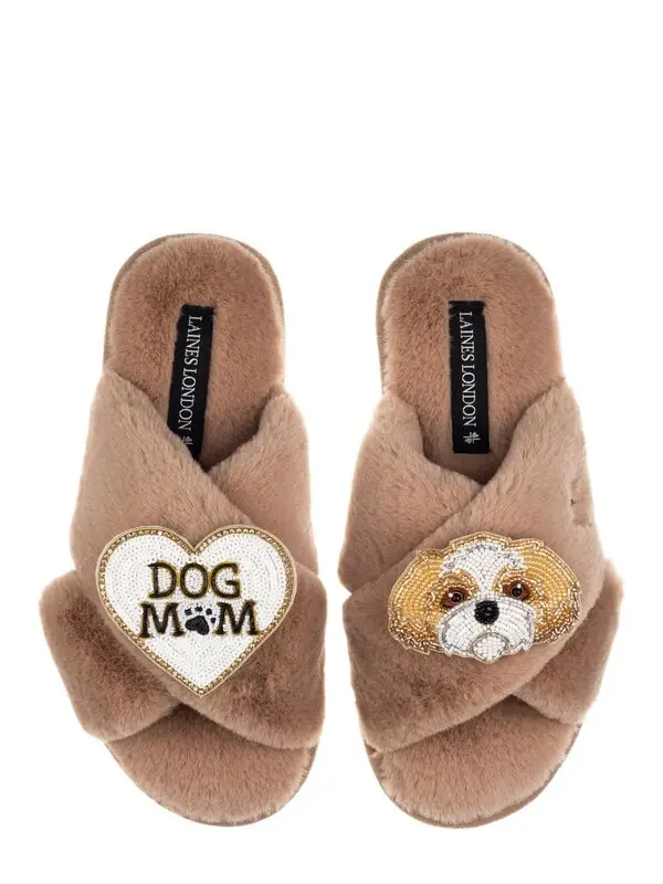 LAINES LONDON Classic Slippers With Shih Tzu Brooches - Brown