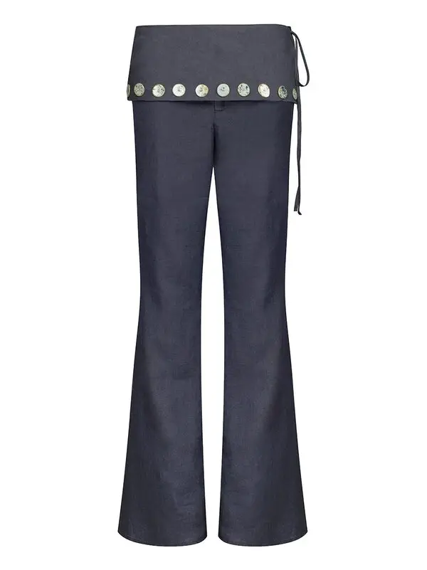 ANEMOIA Flare Leg Linen Pants With Beaded Belt - Grey