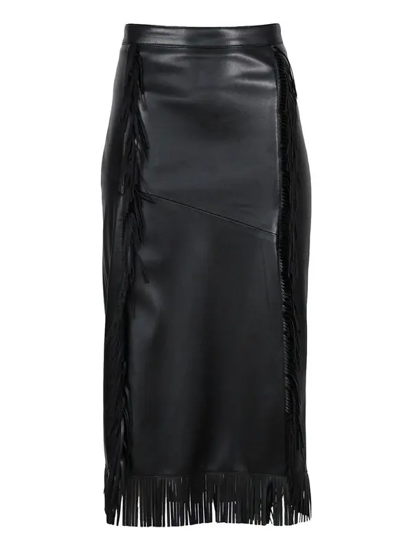 LALIPOP DESIGN Vegan Leather Fringe Midi Skirt - Black