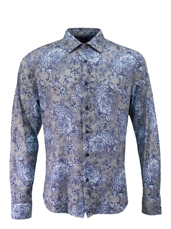 LORDS OF HARLECH Sherlock Roma Floral Tailored Merino Shirt Flannel - Grey