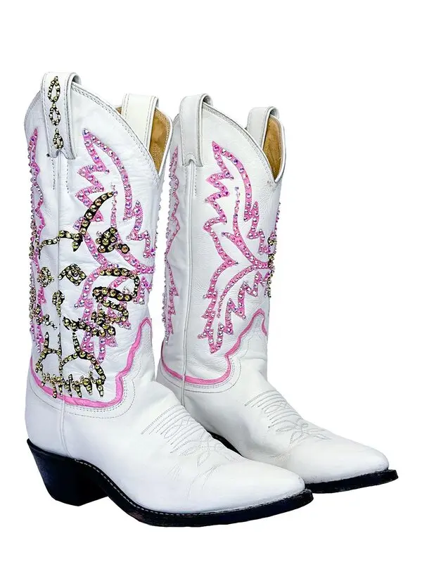 ACID CAT Vintage Embellished Cowboy Boots - White/pink