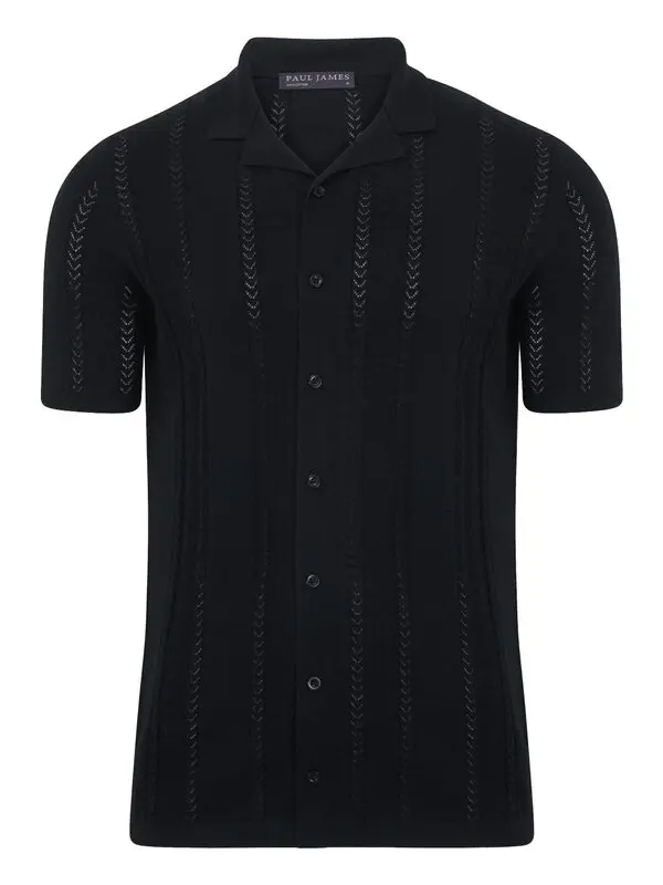PAUL JAMES KNITWEAR Ultra Fine Cotton Santiago Open Knit Cuban Collar Shirt - Black