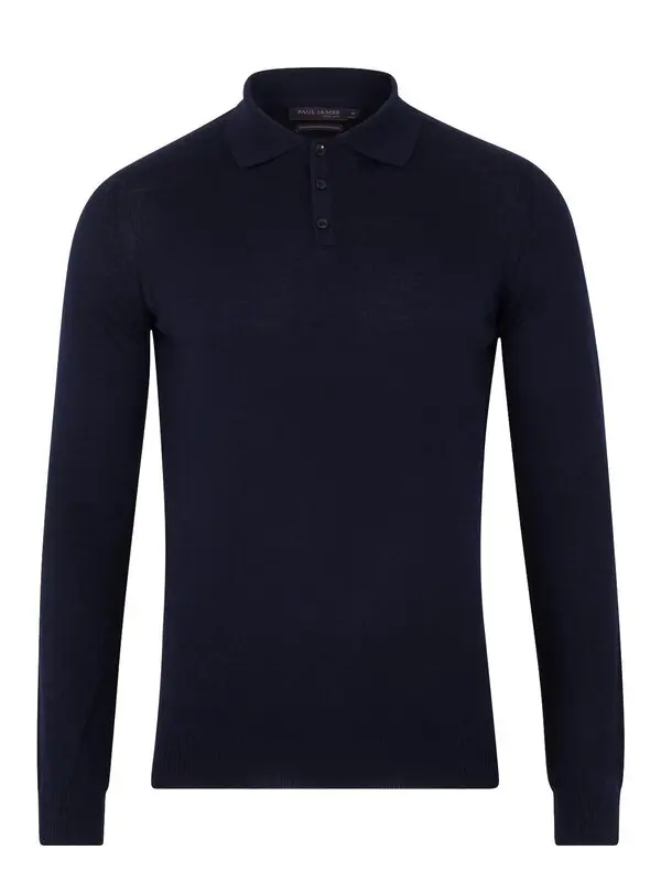 PAUL JAMES KNITWEAR Extra Fine Merino Wool Turner Long Sleeve Polo Shirt Navy - Blue
