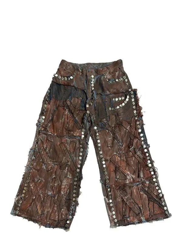 ZASTASTUDIO Shred Couture Studded Wide Leg Denim Pant - Brown