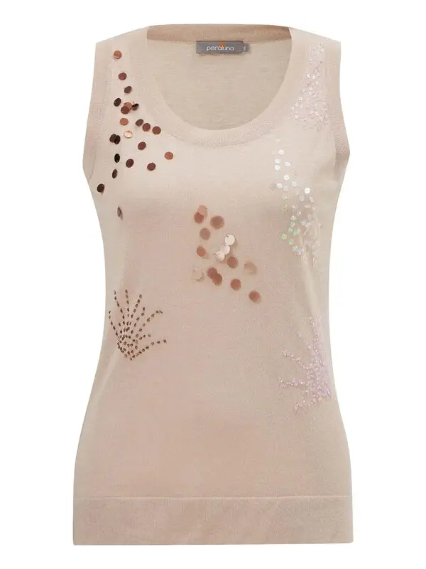 PERALUNA Sequin Embroidered Sleeveless Knitted Blouse - Beige