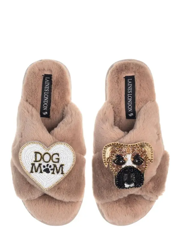 LAINES LONDON Classic Laines Slippers With Dog Brooches - Brown