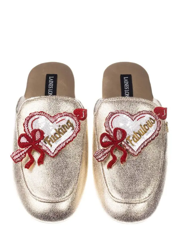 LAINES LONDON Classic Mules With Heart Brooches - Gold