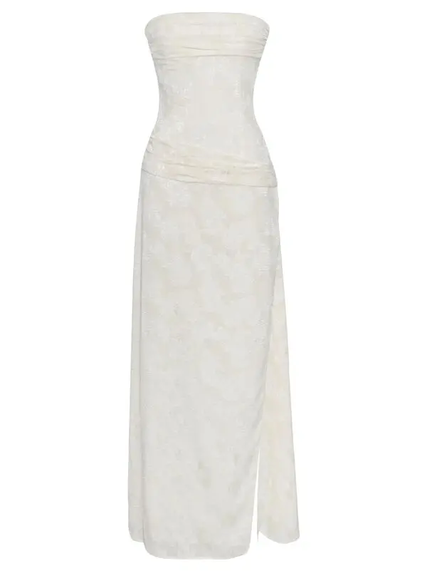 MISS CIRCLE NEW YORK Jacquard Textured Strapless Maxi Dress With Slit - White