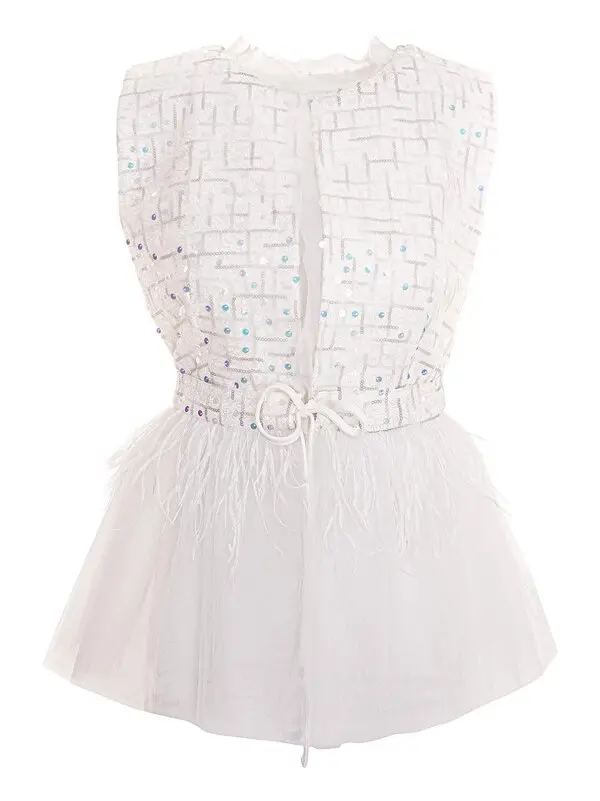 CONCEPT A TROIS Sequin Embellished Vest With Tulle And Feather Detail - White
